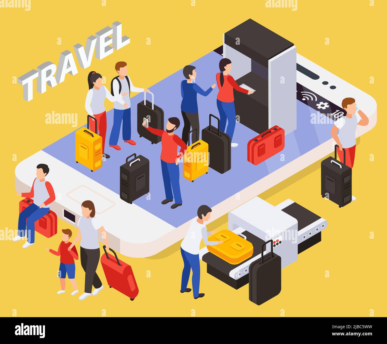 Traveling people concept with smartphone and luggage symbols isometric ...