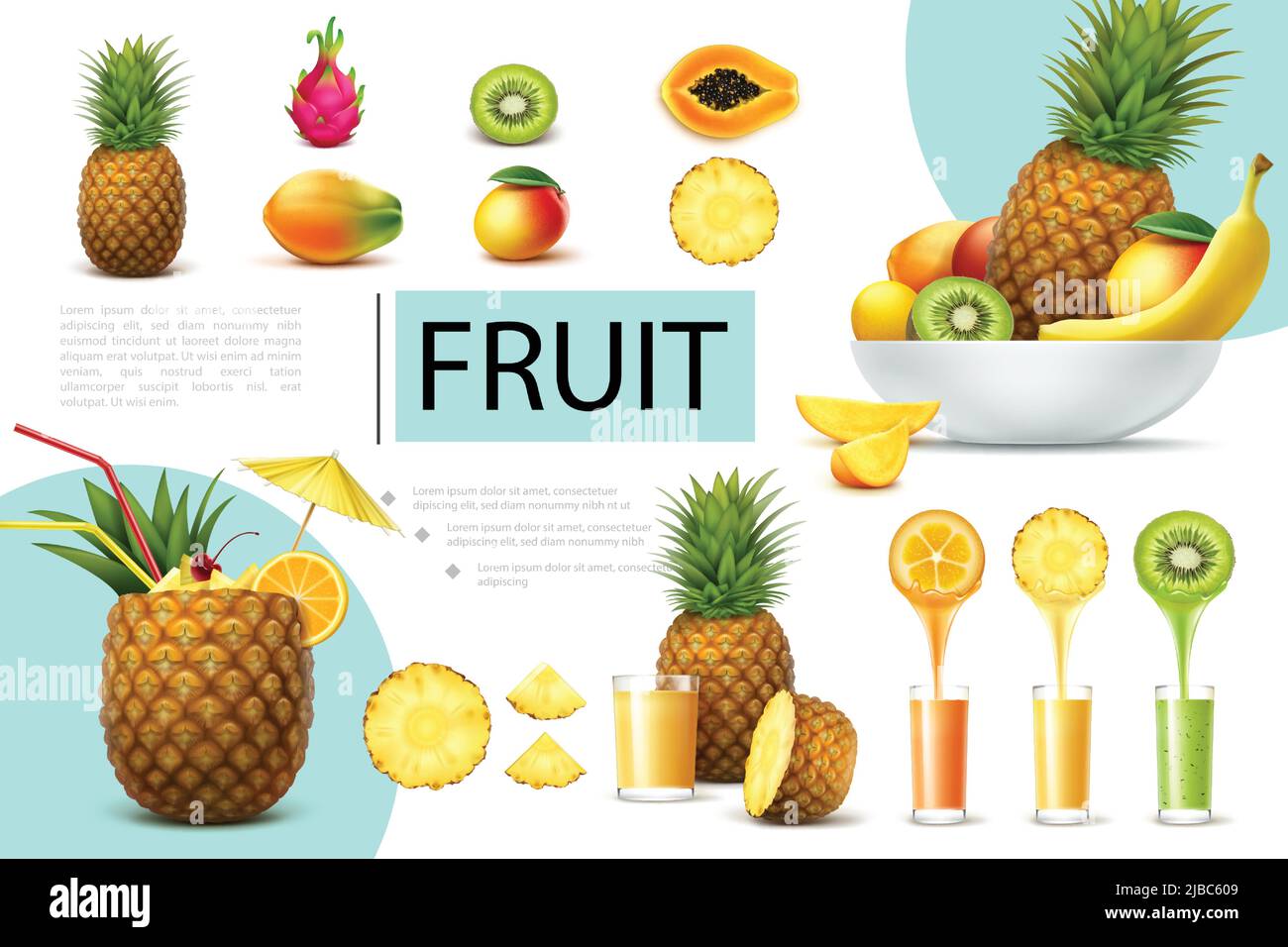 Realistic fresh fruits composition with pineapple mango papaya ...