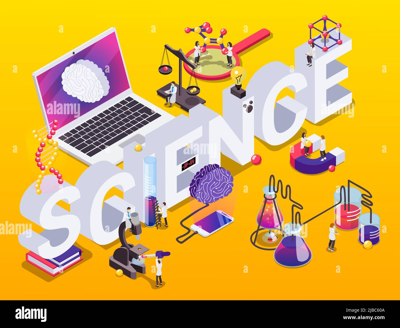 Science isometric composition with 3d text surrounded by laboratory ...