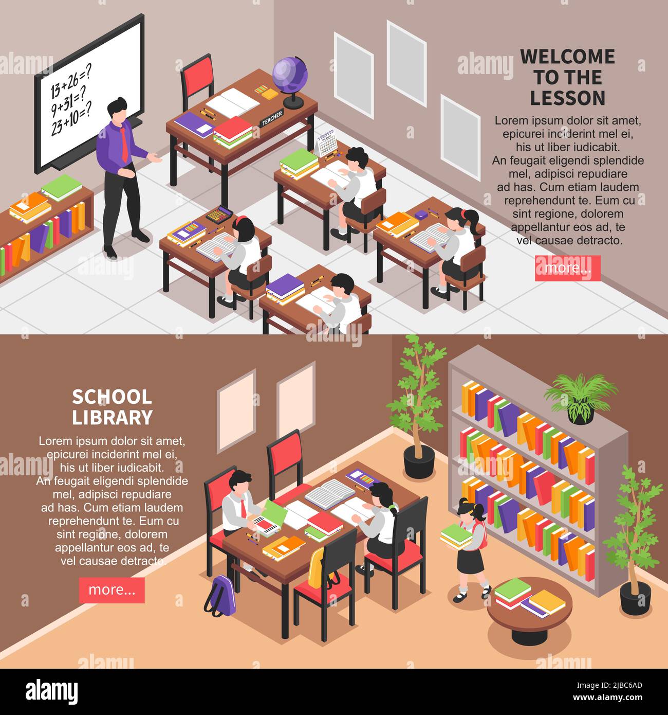 Isometric junior school set of two horizontal banners with editable ...