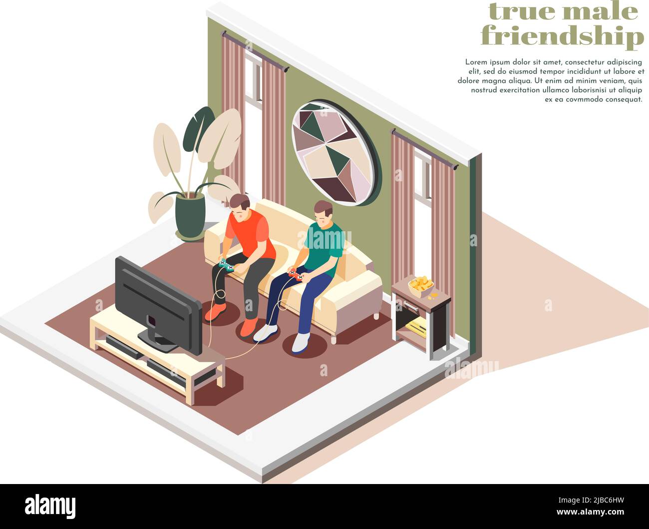 True male friendship isometric composition with men sitting on sofa and ...