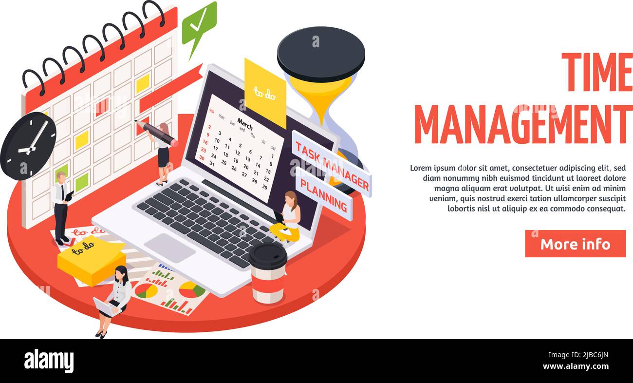 Time management planning schedule isometric banner with big headline ...