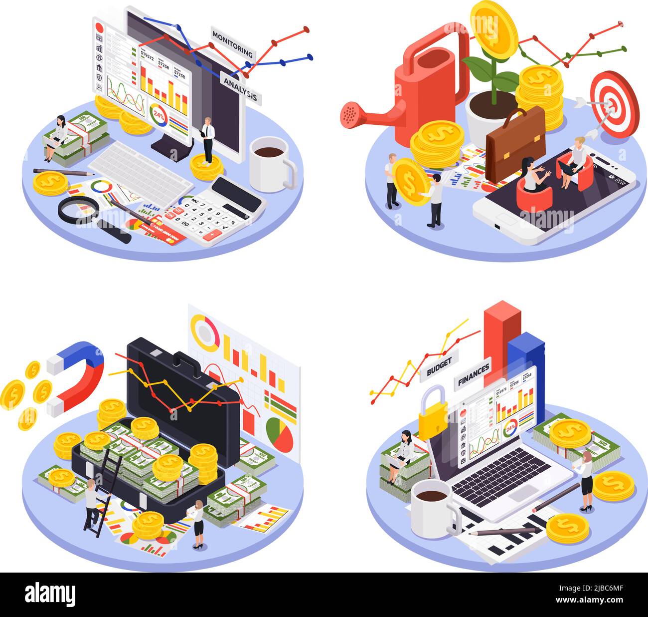 Isometric isolated and round wealth management icon set with different ...