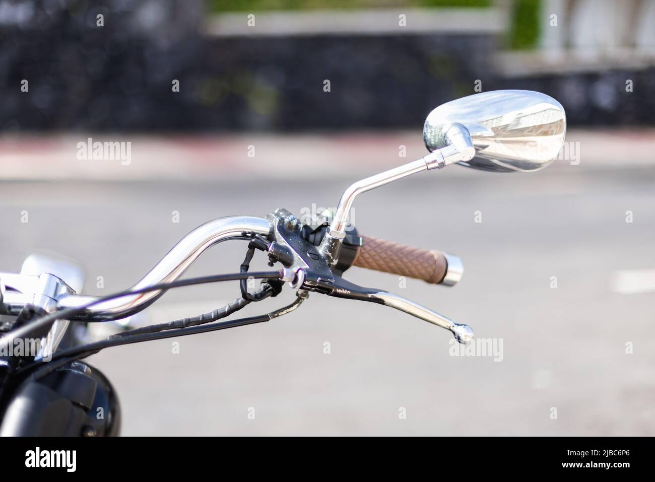 Handlebar of motorbike closeup. Rear view mirror of the motorbike Stock ...