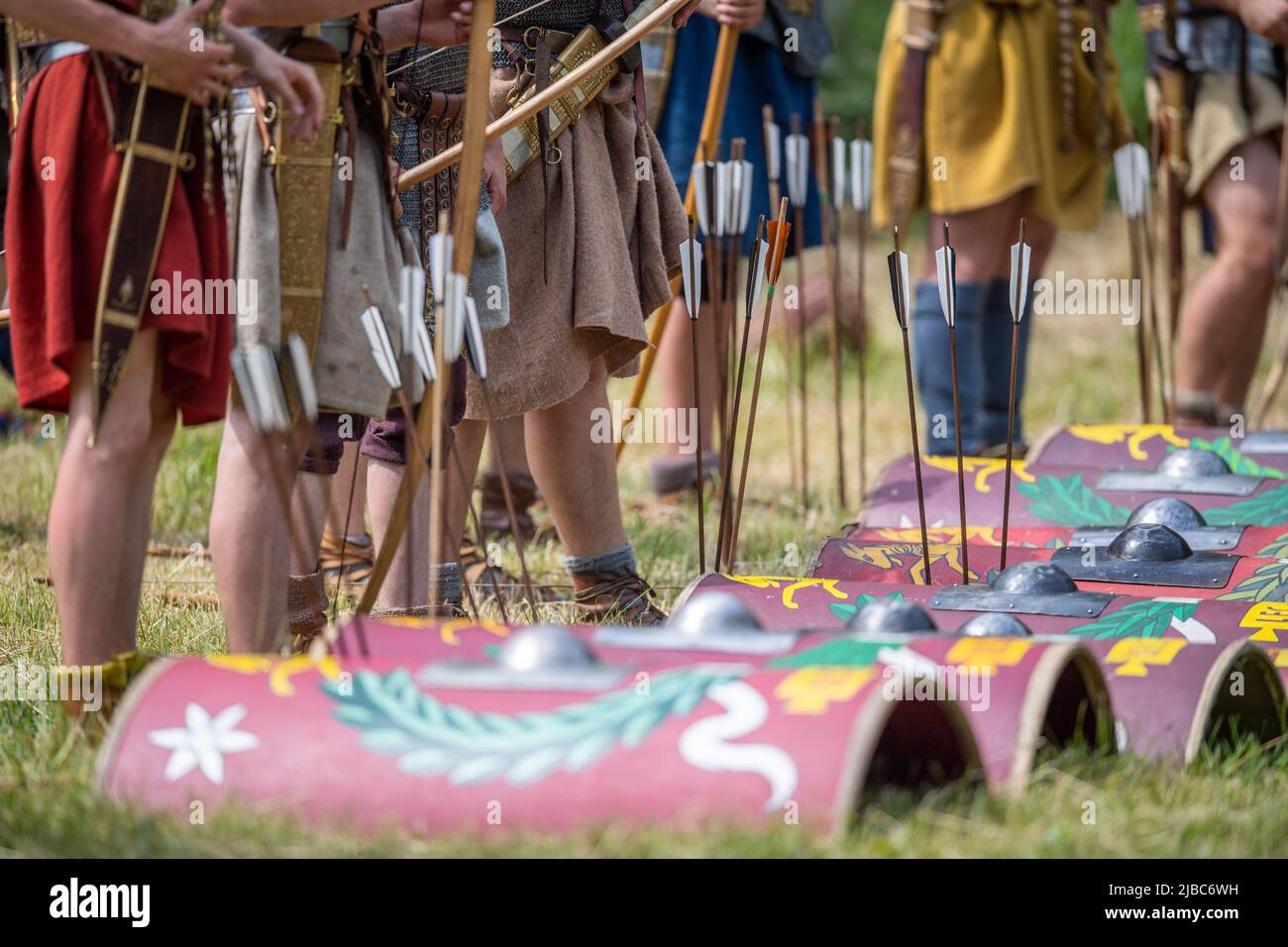 Bramsche, Germany. 05th June, 2022. Arrows stuck in the ground in front ...
