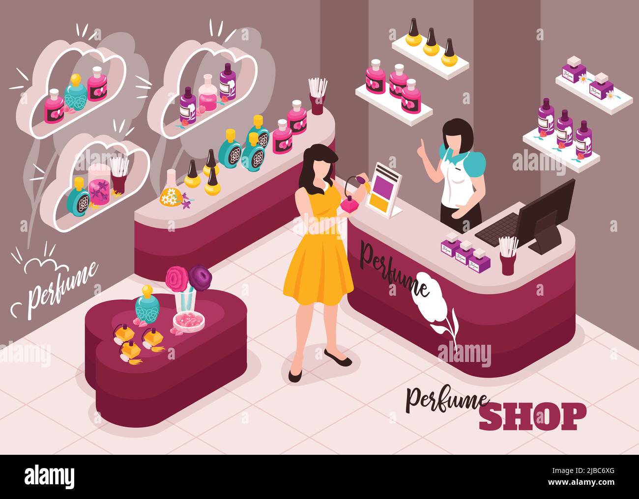 Perfume cosmetics luxury beauty makeup shop interior isometric ...
