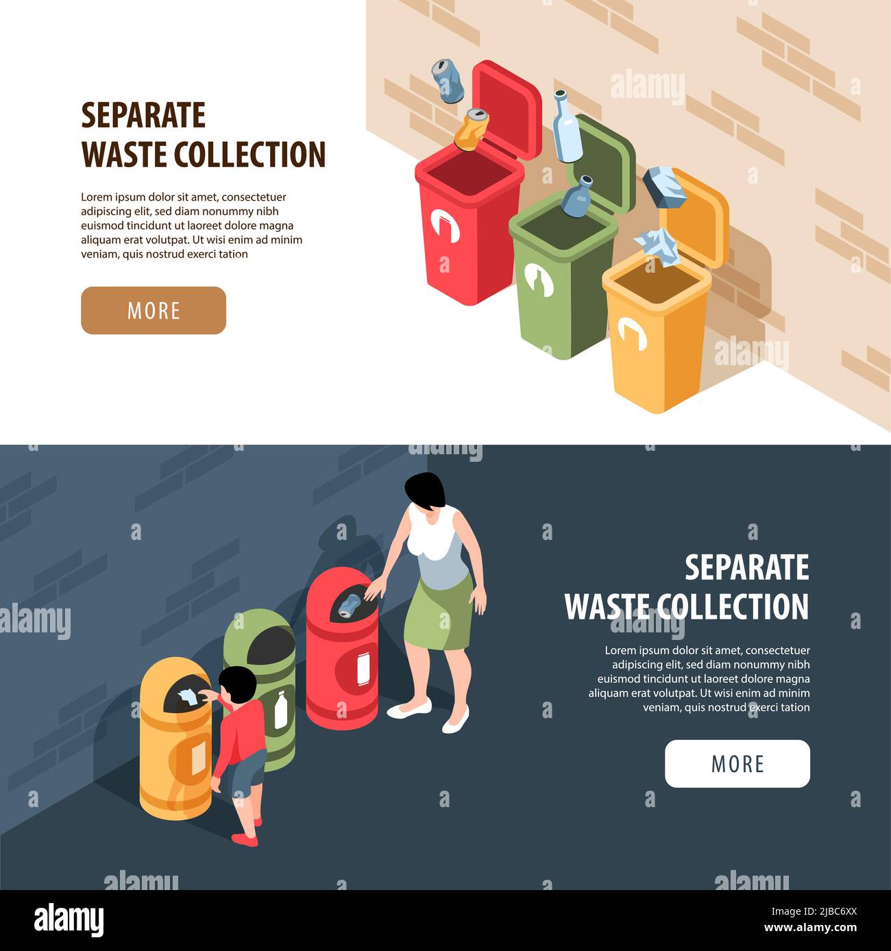 Set of two horizontal isometric garbage waste recycling banners with ...