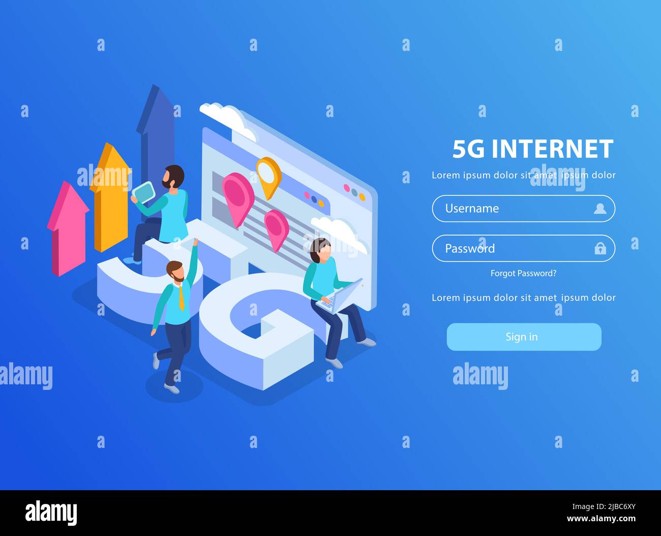 Isometric background with 5g internet icons human characters and log in ...