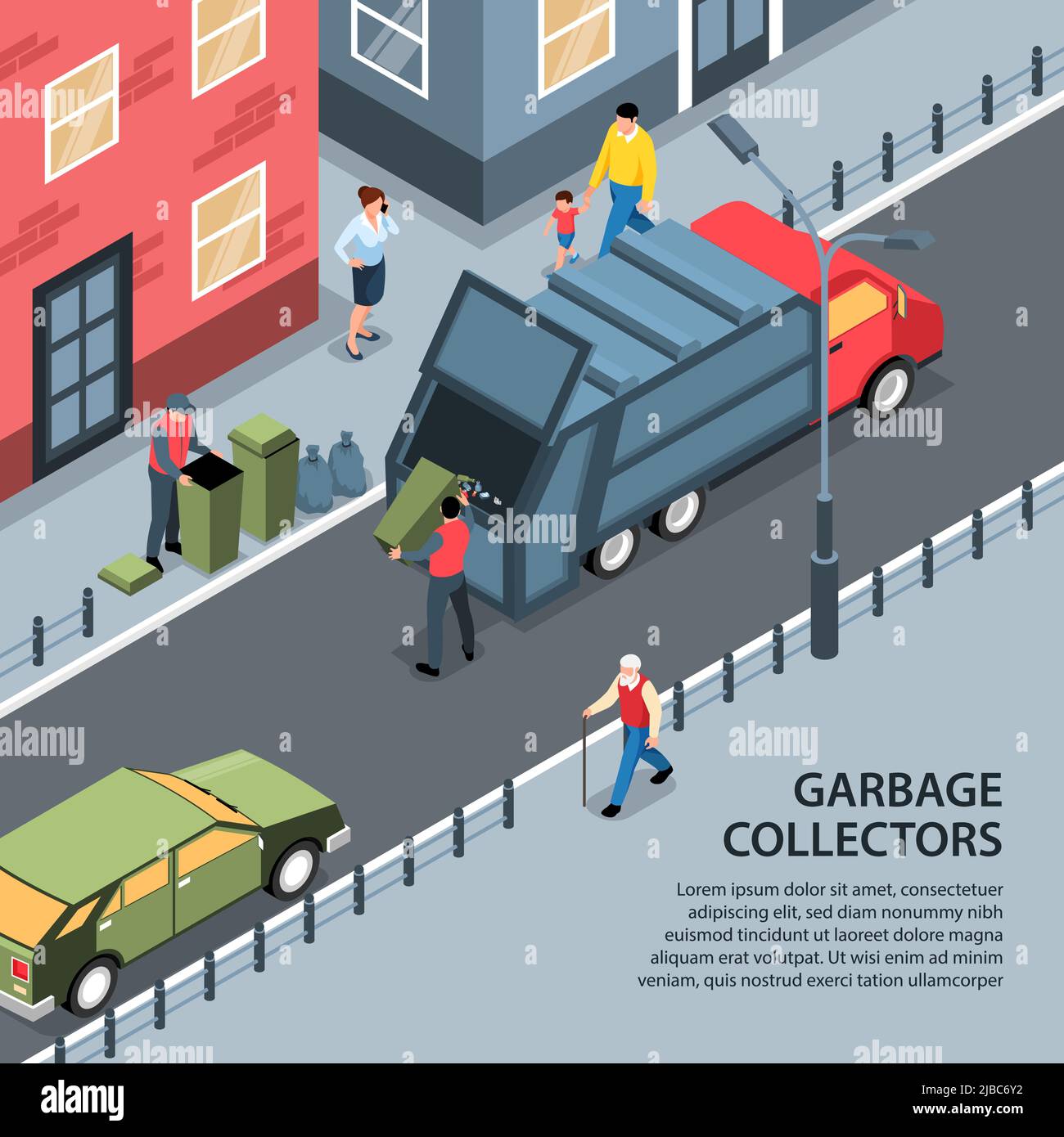Isometric garbage waste recycling background with editable text and ...