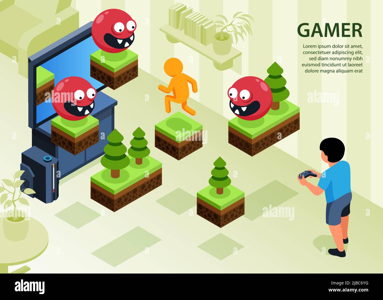 Isometric video game horizontal background with indoor composition of ...