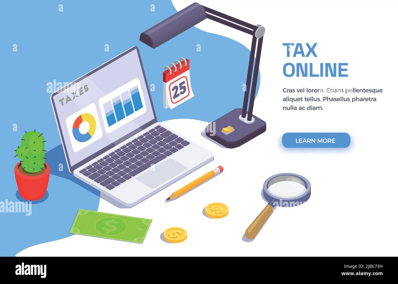 Taxes accounting isometric background with clickable learn more button ...