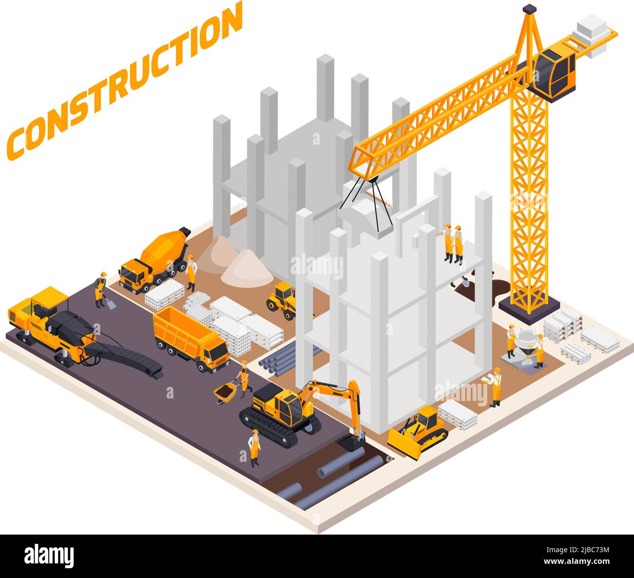 Road construction isometric composition with construction of the ...
