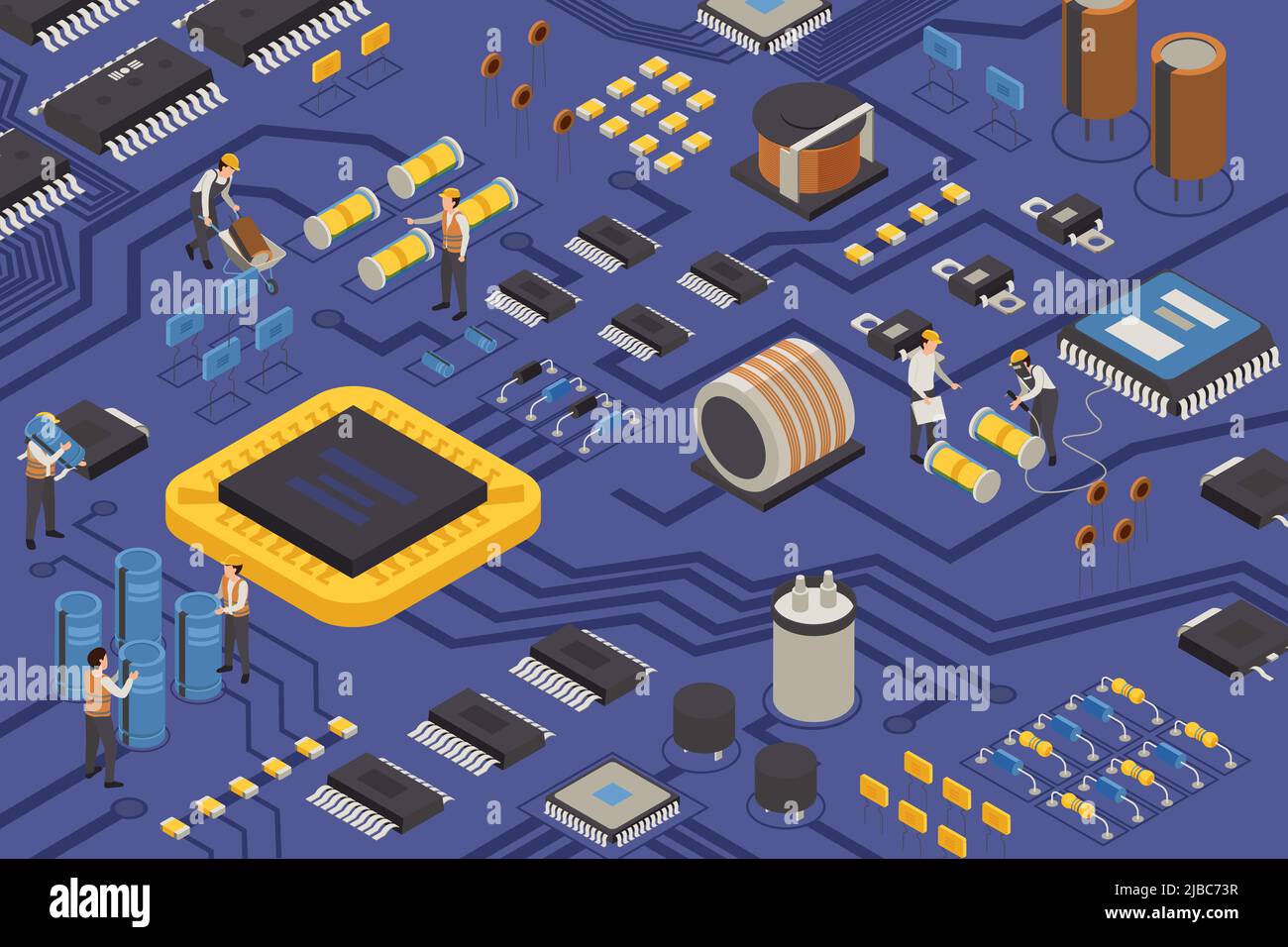 Semiconductor element production isometric composition with construction workers on circuit ...
