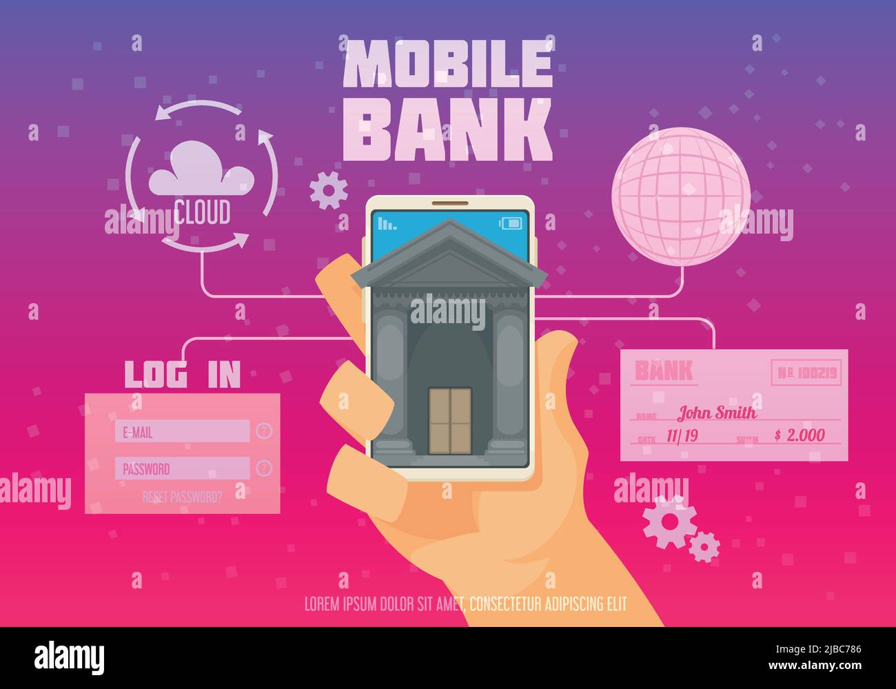 Mobile bank poster with log in and cloud symbols flat vector ...