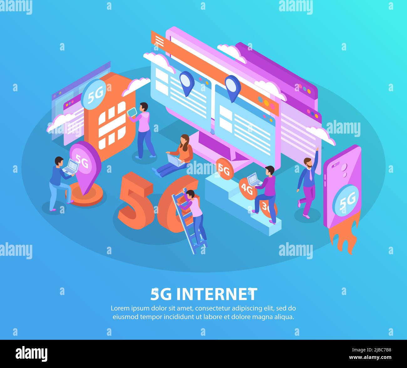 5g internet and electronic gadgets isometric elements on blue ...