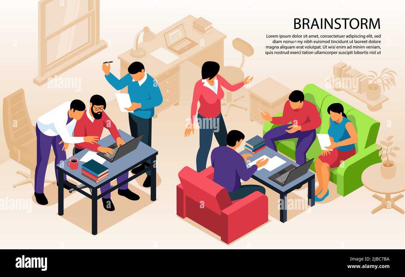 Teamwork collaboration bringing creative ideas forward isometric composition of brainstorming ...