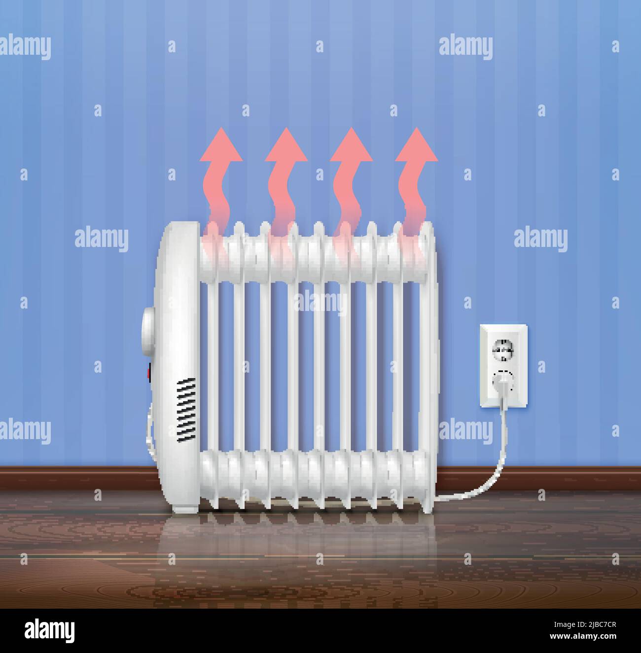 Heater interior realistic composition with indoor view and oil heater ...