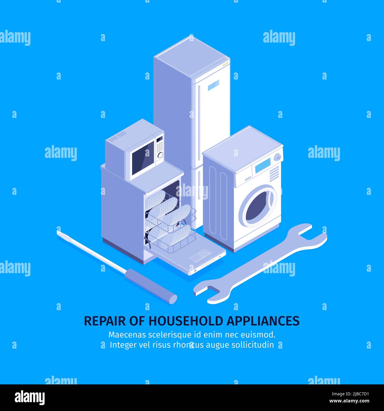 Isometric household appliances repair background with editable text and ...