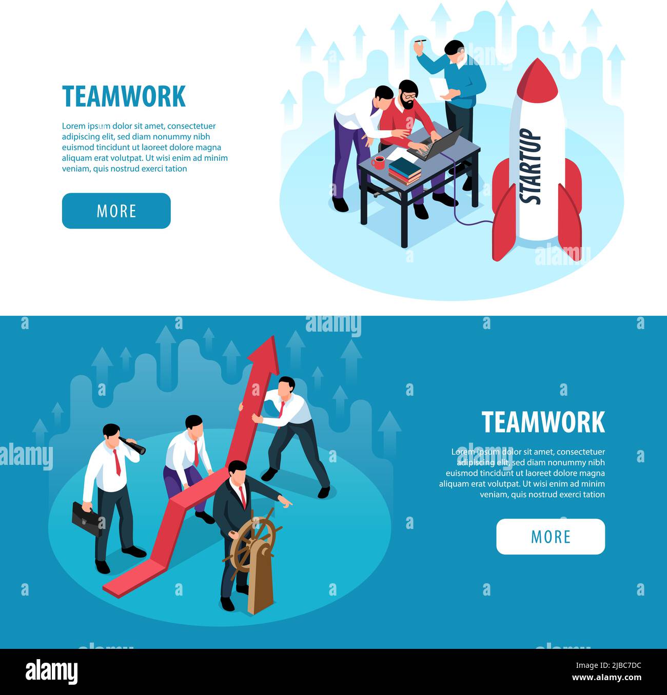Isometric teamwork brainstorm set of two horizontal banners with editable text more button and ...