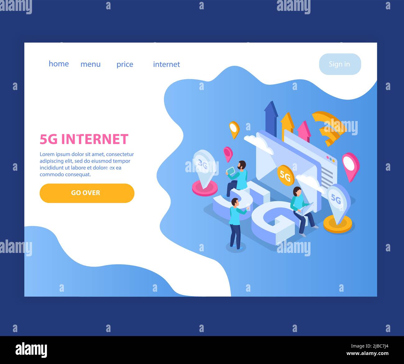 Isometric landing page with 5g internet elements technology icons and ...