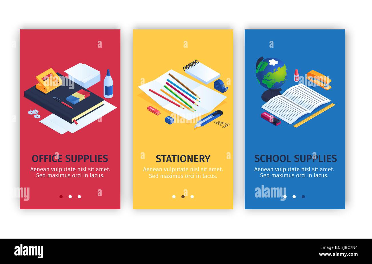 Office and school stationery vertical banners set with supplies symbols ...