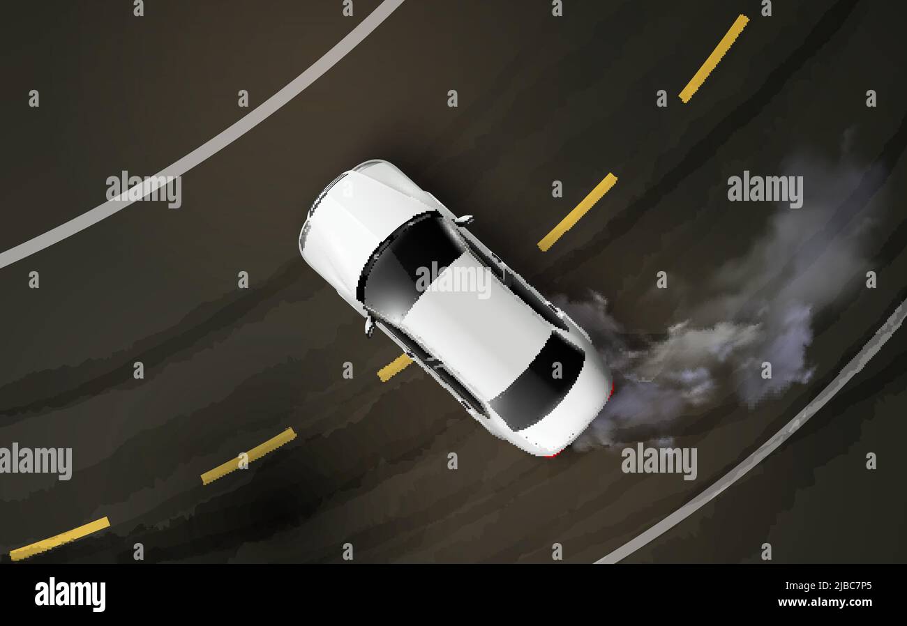 Cars top view realistic composition with asphalt road curve and ...