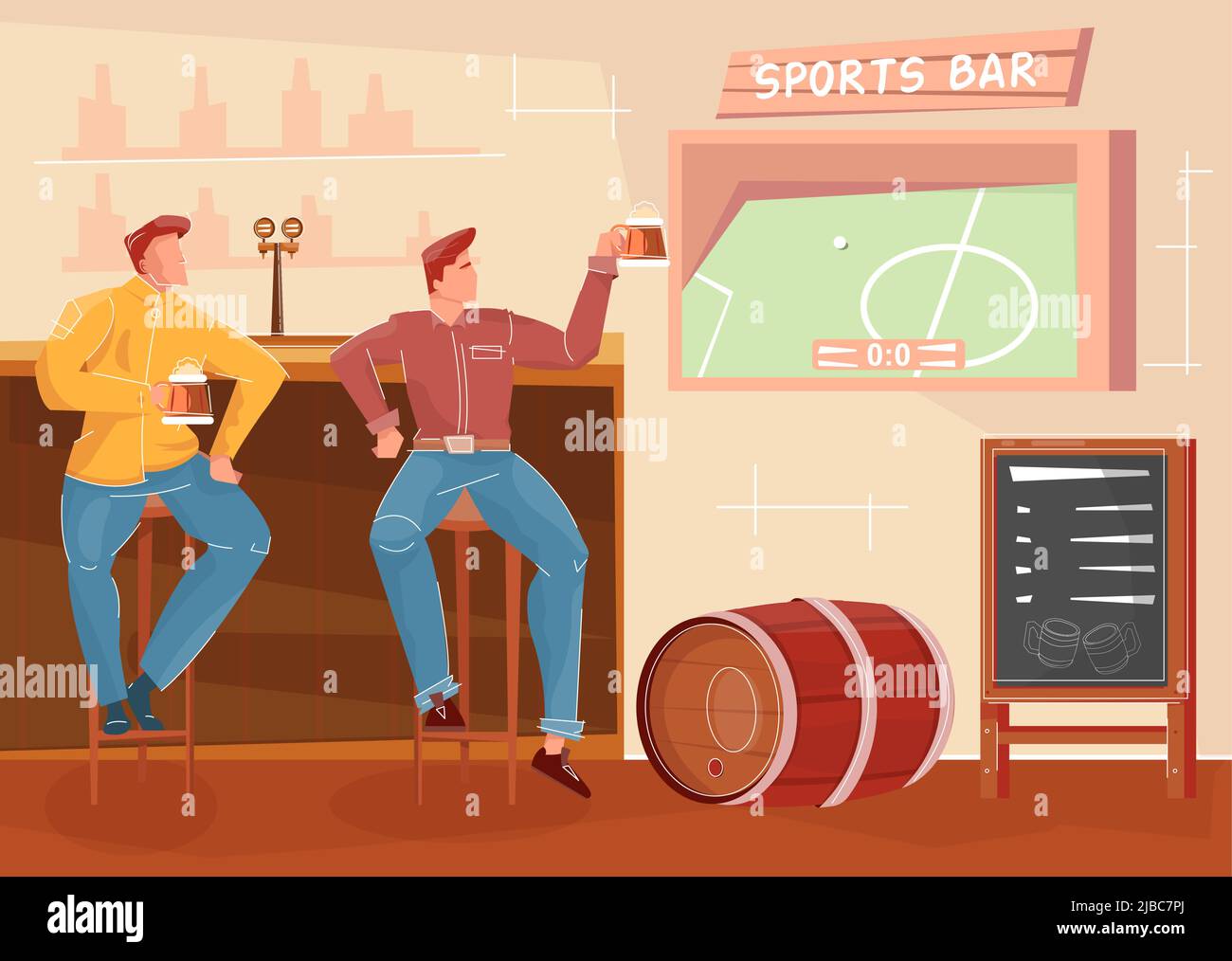 Flat background with two men drinking beer and watching football match ...