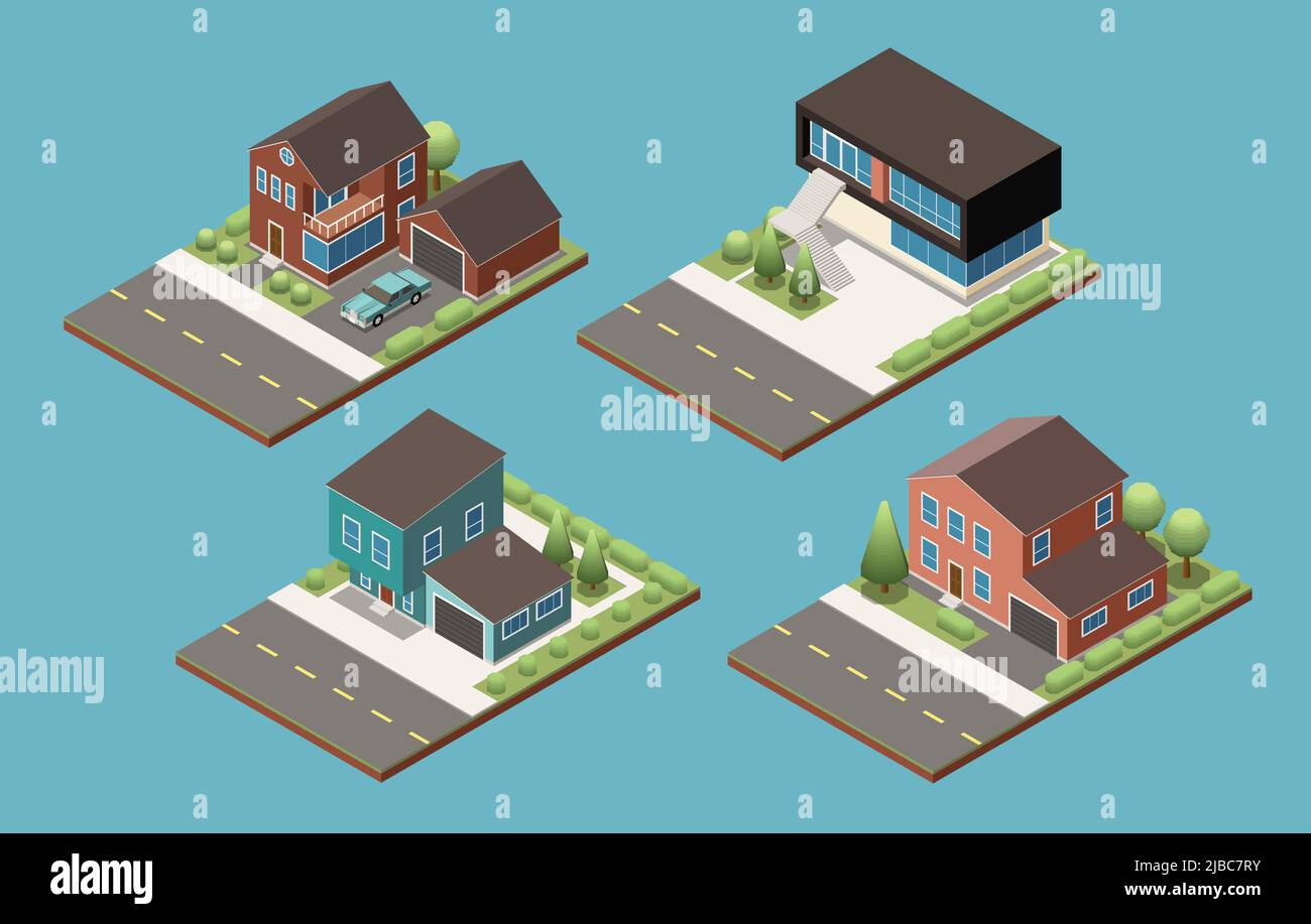 Four various project of suburban private two floors cottage with annex for garage isometric ...