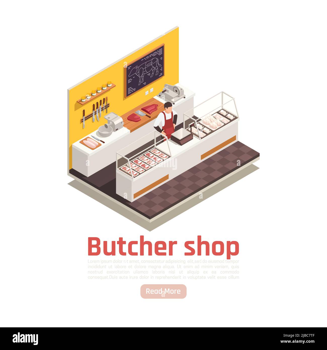Butcher shop isometric composition with beef cuts salesman sliced meat ...