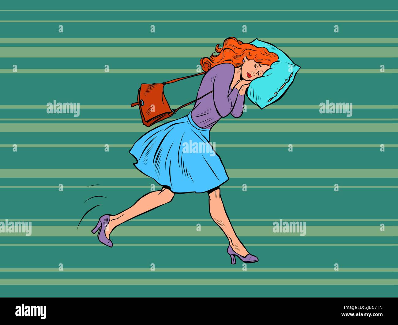 A tired businesswoman sleeps on the move. Goes to work in the morning ...