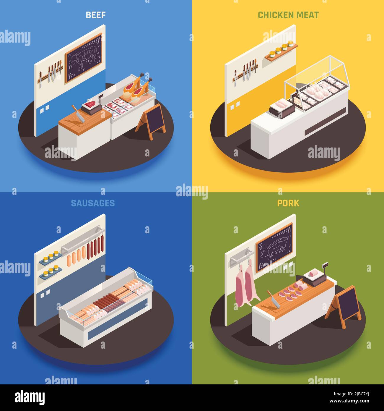 Butcher concept 4 isometric square compositions set with beef chicken ...