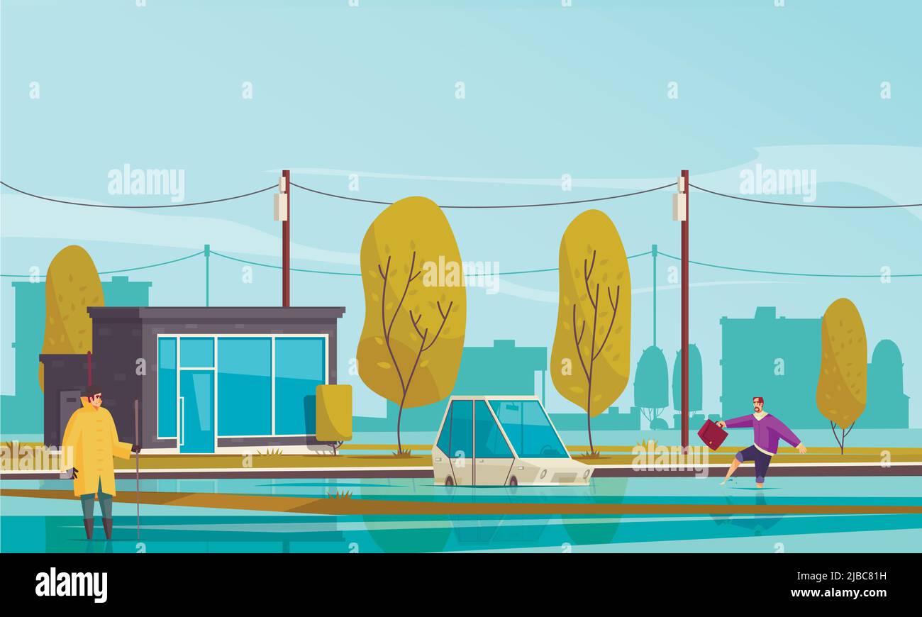 Natural phenomena background with flood and people symbols flat vector ...