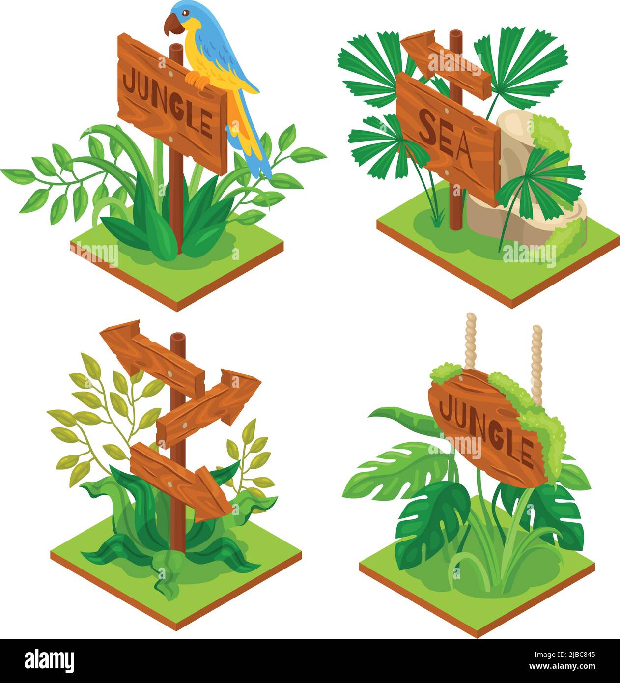 Isometric jungle wooden sign set of four isolated engraved boards with ...