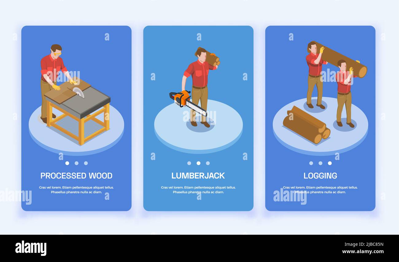 Sawmill timber mill lumberjack isometric set of three vertical banners ...
