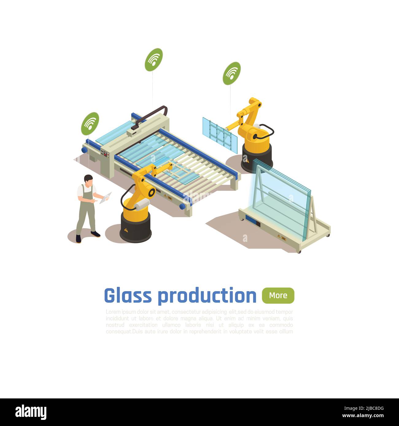 Modern glass production technology isometric composition with computer ...