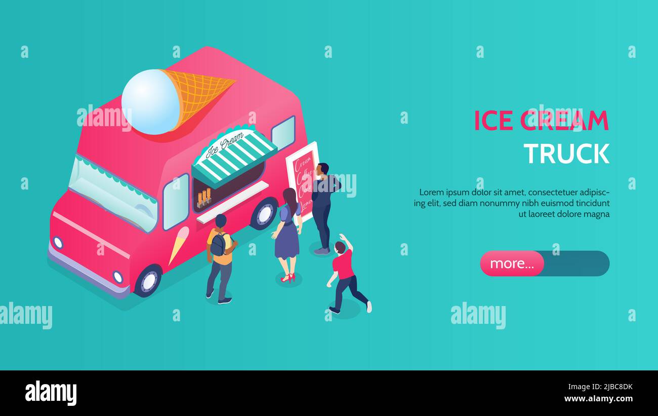 Isometric Banner With People Standing In Front Of Pink Ice Cream Truck