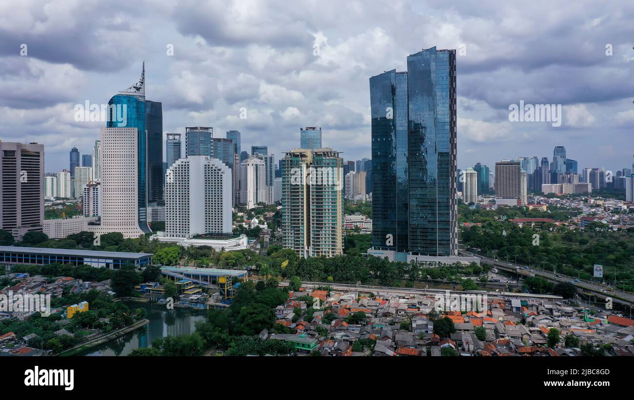 Aerial view of office buildings in Jakarta central business district ...