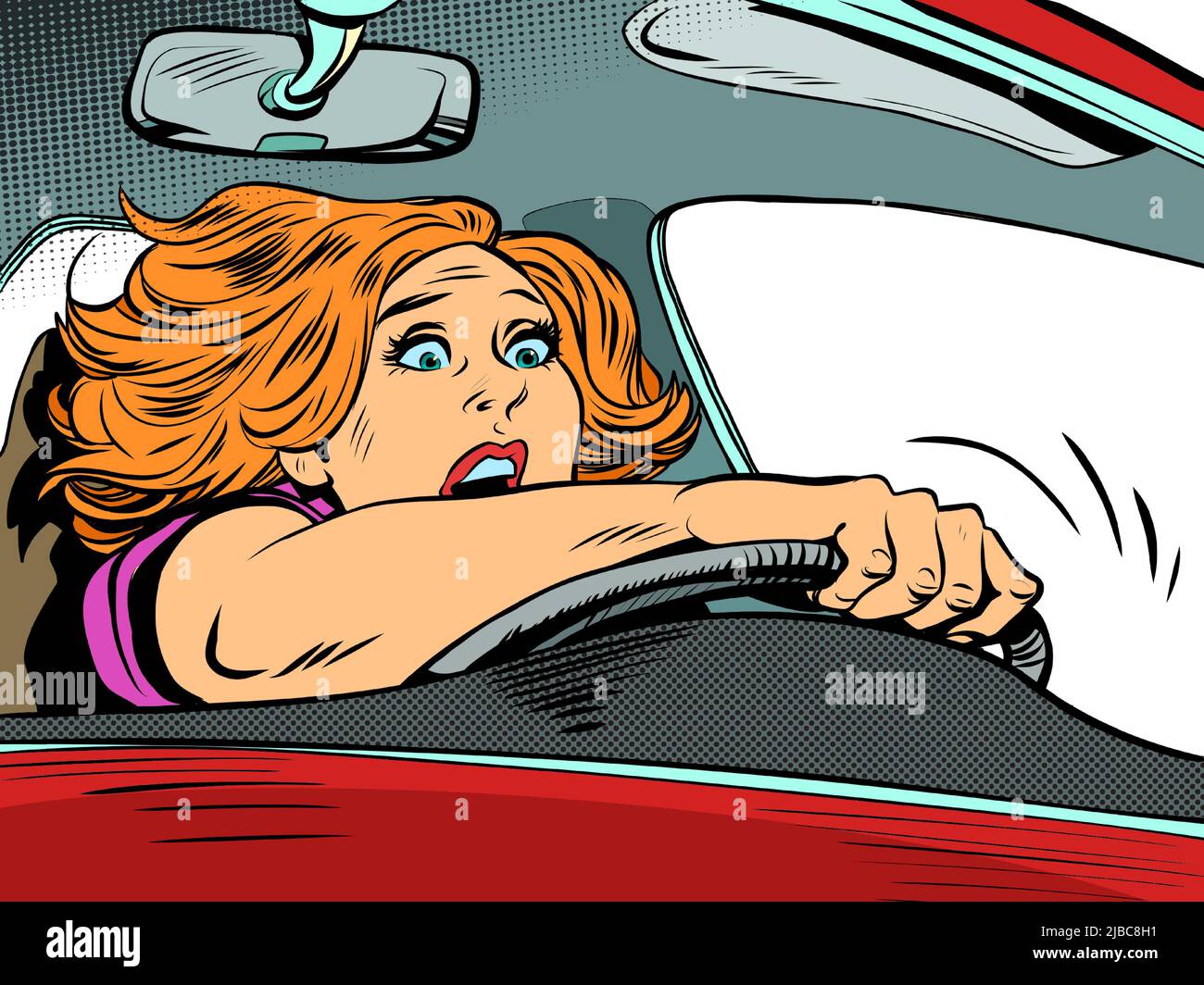 frightened woman driving, speed on the road. Emotions of the driver and ...