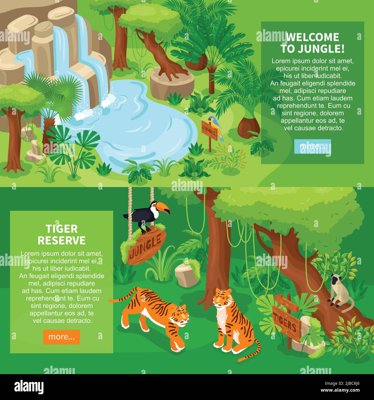 Set of two isometric jungle banners with exotic tropical landscapes ...