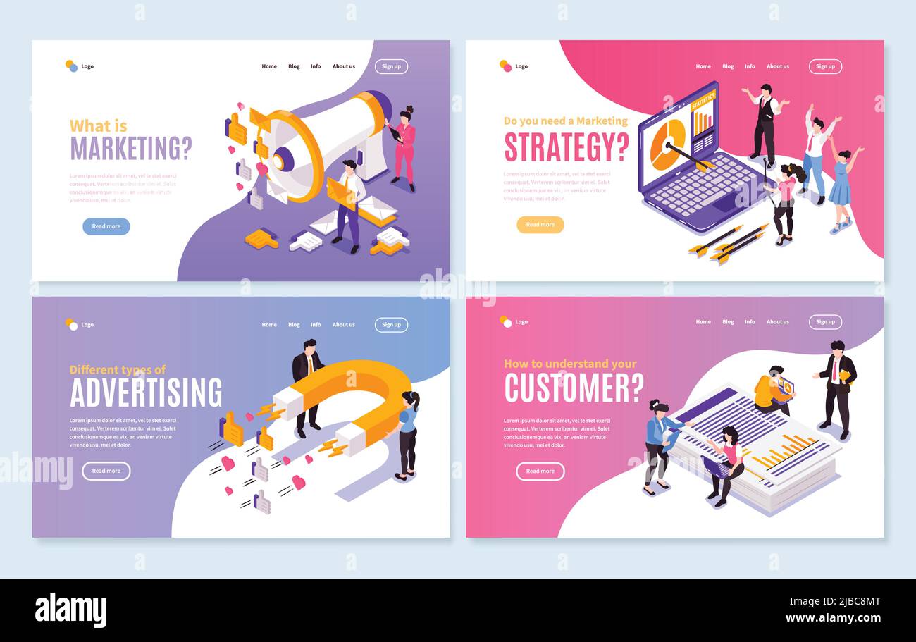Isometric marketing strategy set of four horizontal website banners ...