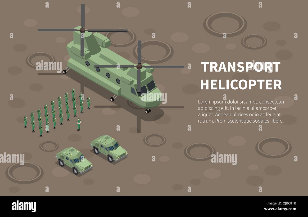 Military air force helicopter transport troops utility cargo isometric composition with infantry ...