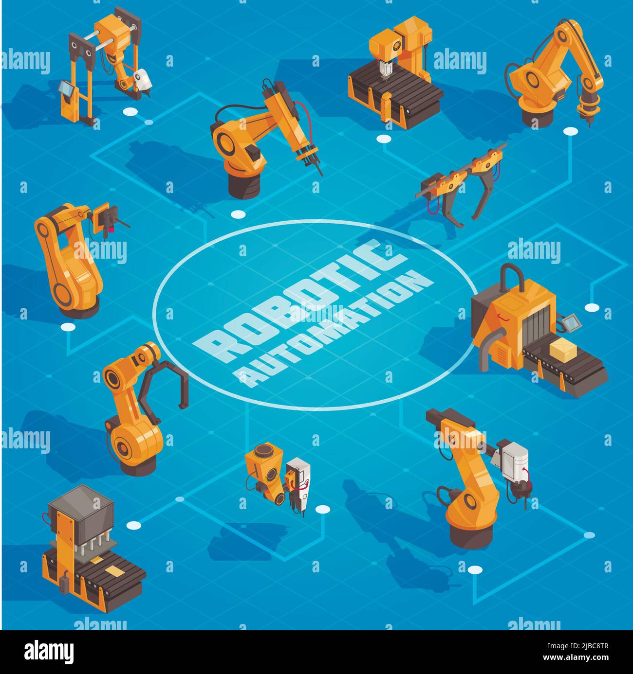 Isometric Robot Automation Flowchart With Arrows And Yellow Iron