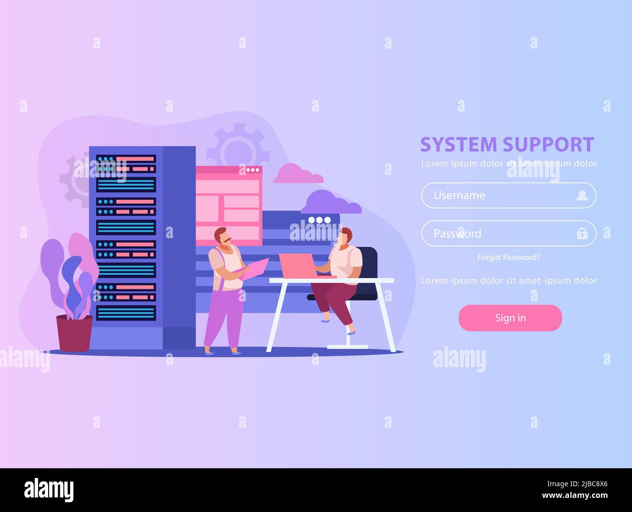 Flat background with two system administrators their work place and ...