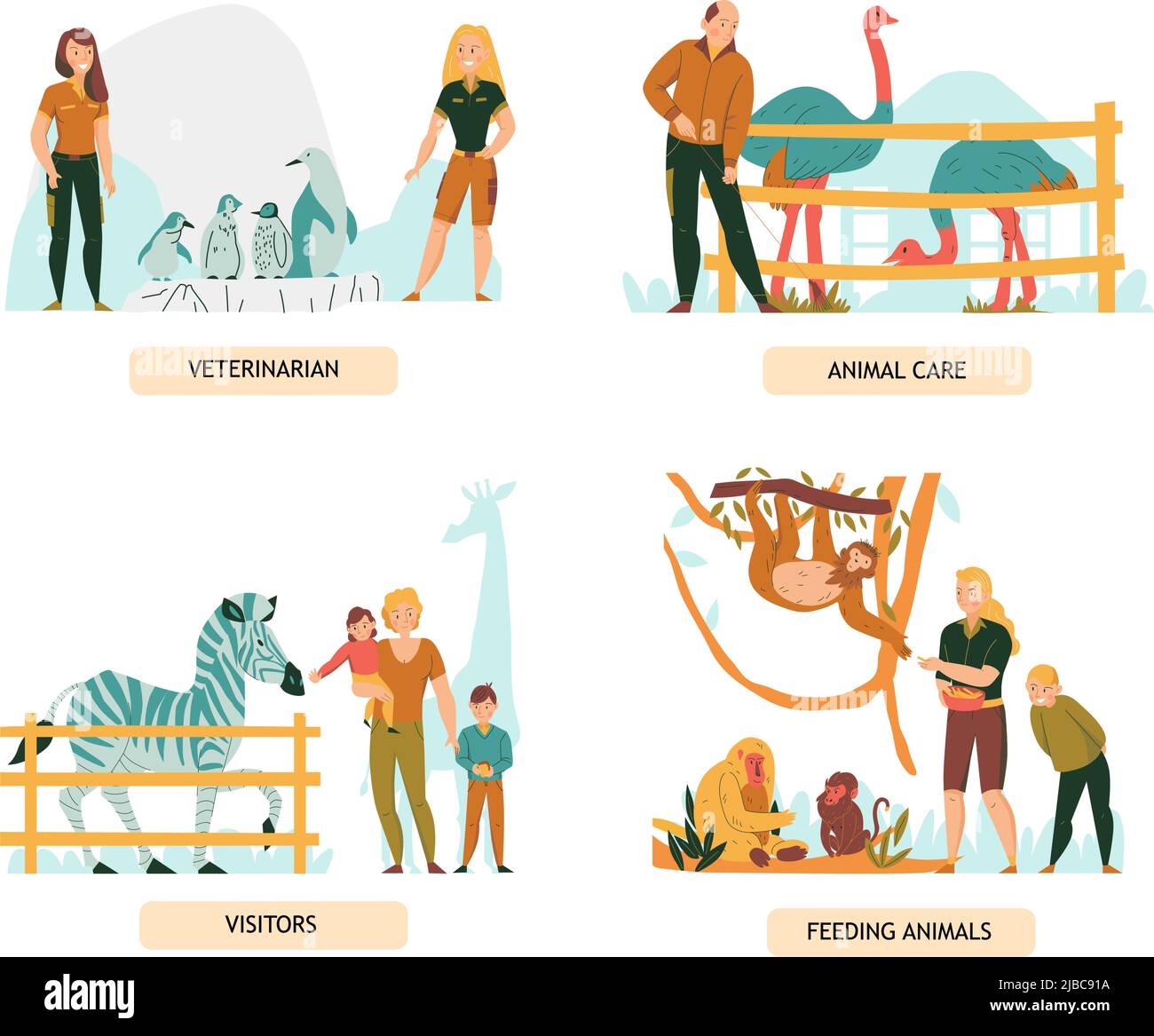 Set of 2x2 flat compositions with zoo visitors and people looking after ...