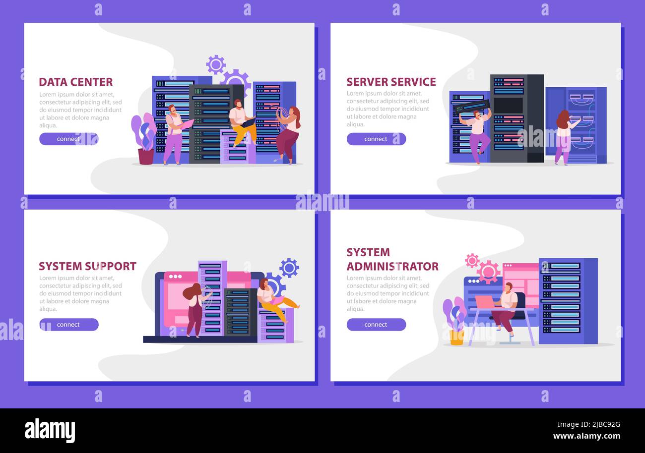 Flat 4x1 banners set with system administrators working in server room ...