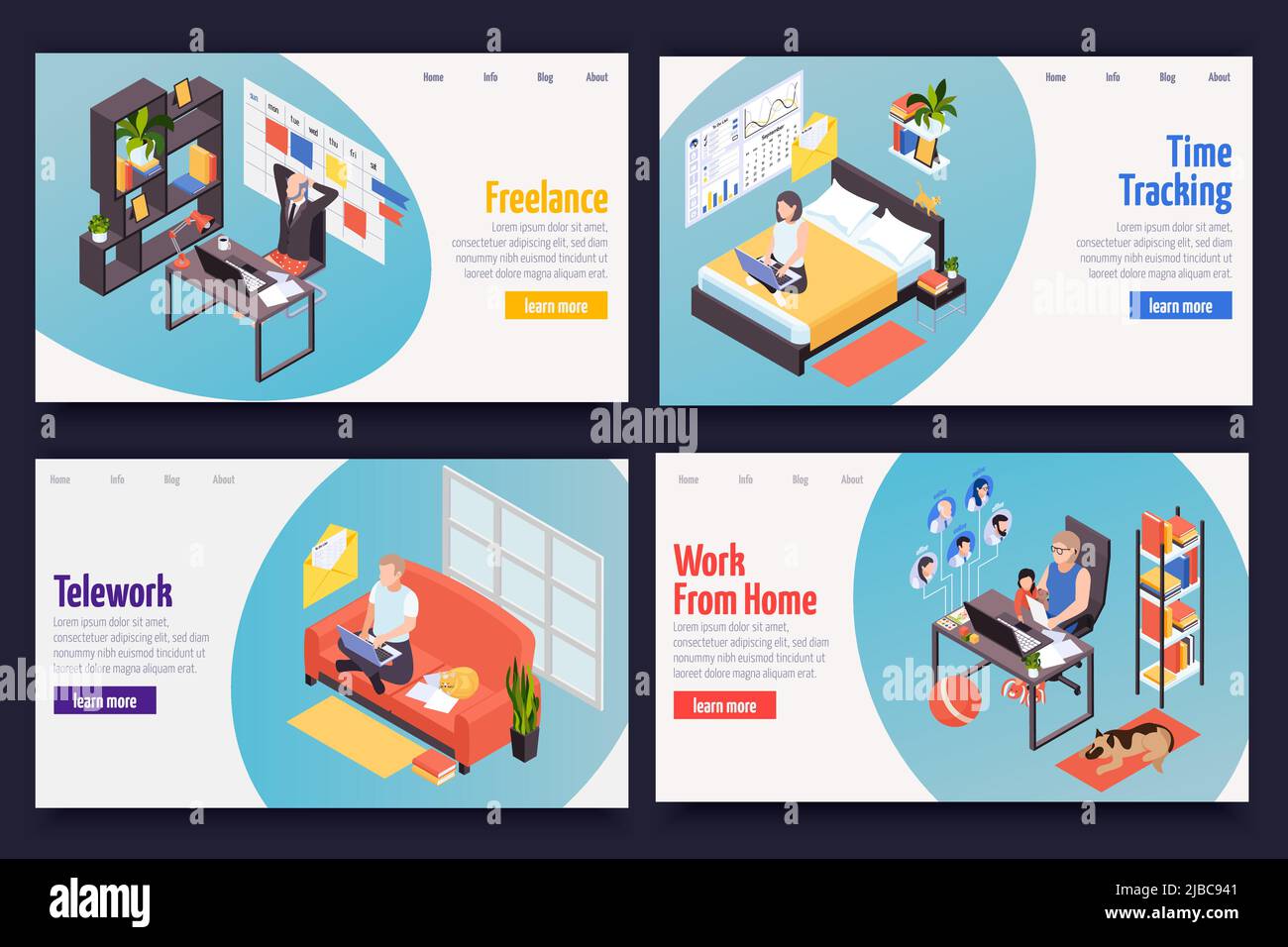 Remote distant work managing concept 4 isometric web banners with ...
