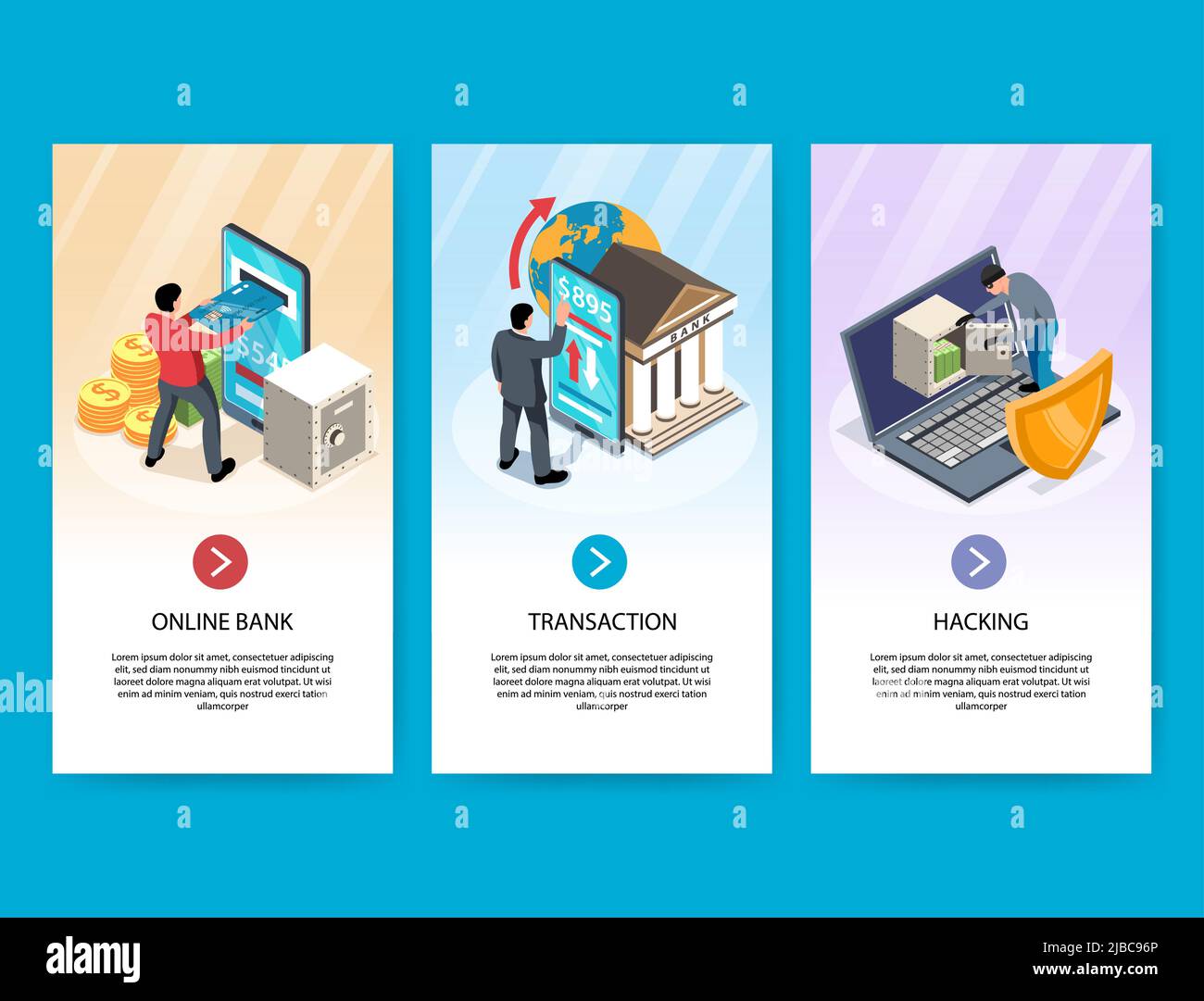 Set of three isometric vertical banners with online bank and hacker ...