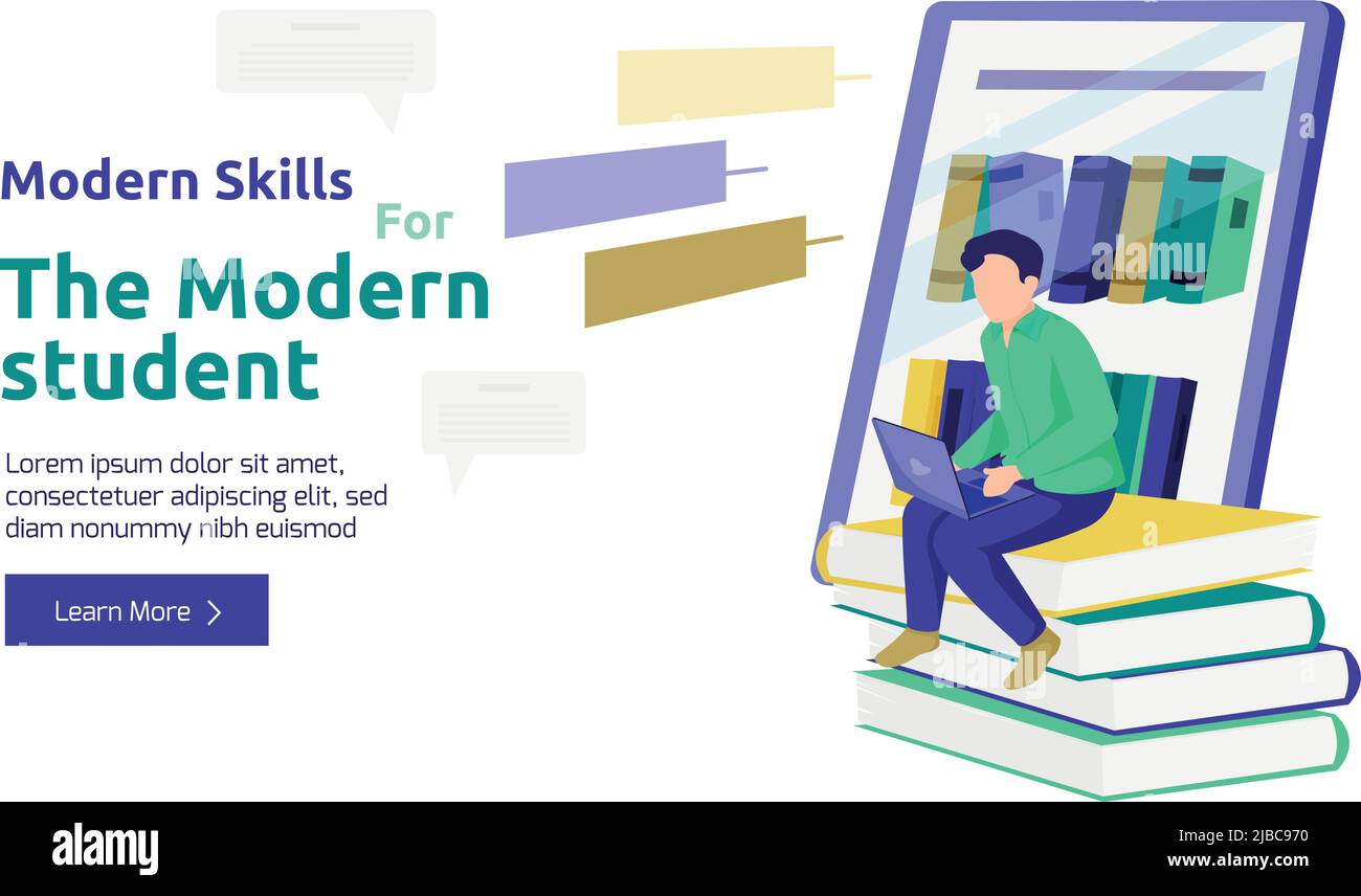 Flat background with modern male student studying with laptop and books ...