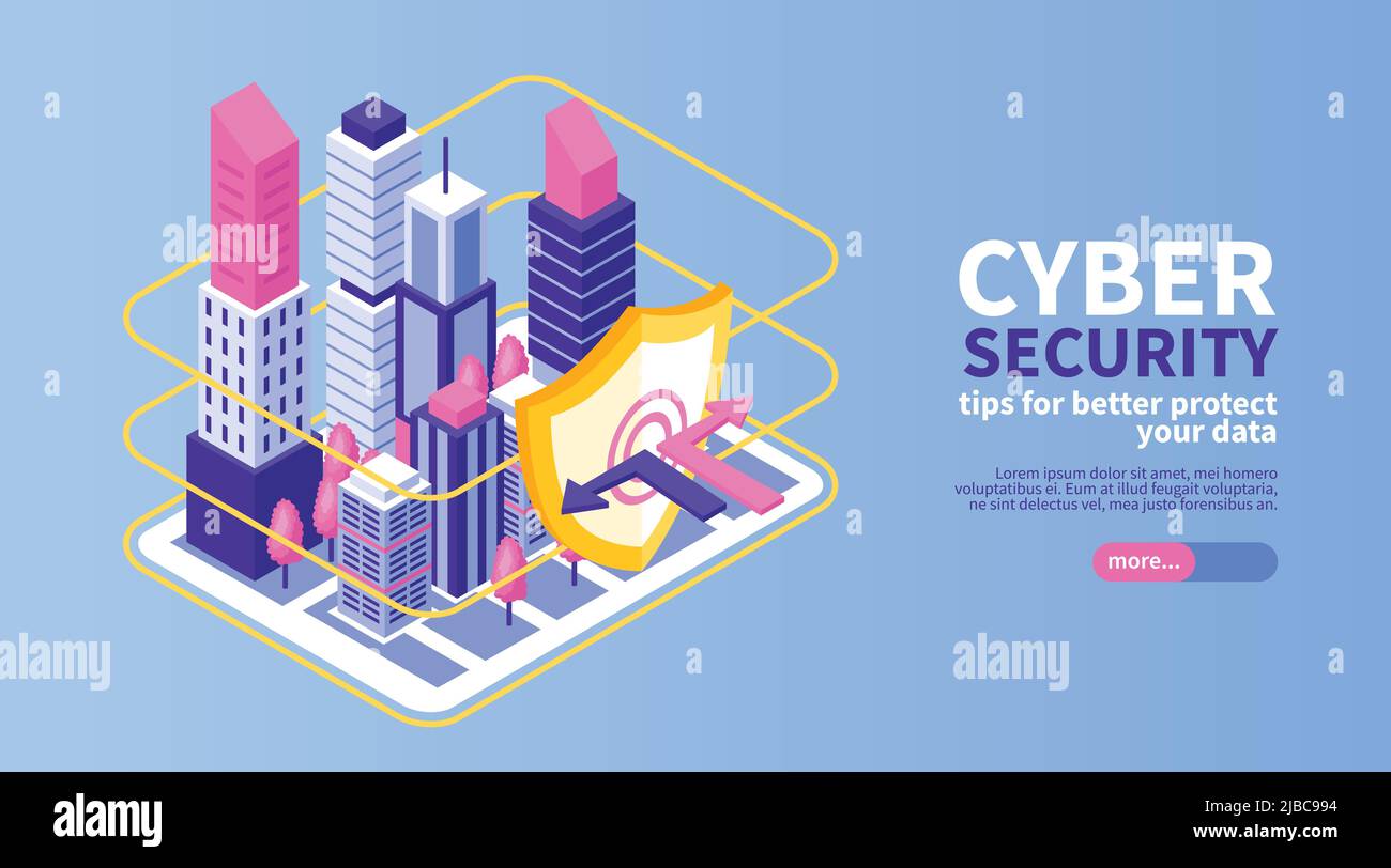 Isometric cybersecurity horizontal banner with images of city block and ...
