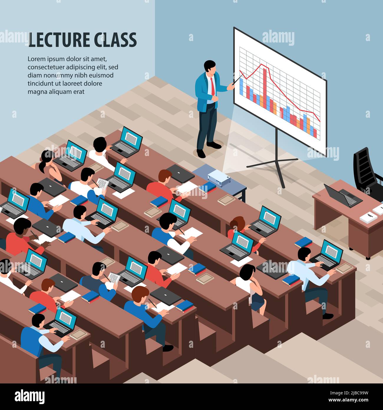 Isometric professor lecture class background with editable text and ...